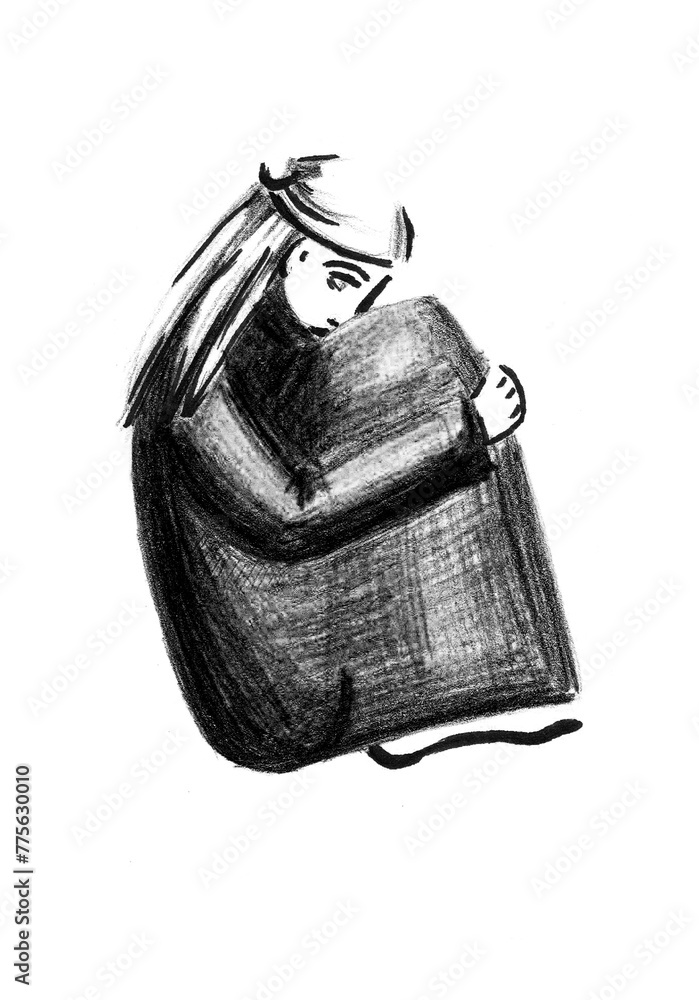 Depression, sadness, mental health. Illustration of a girl hugging her ...