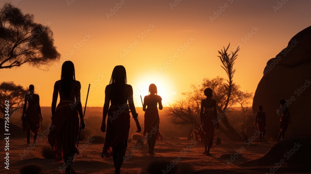 Silhouettes of african aborigines at sunset. Female tribe members Stock ...