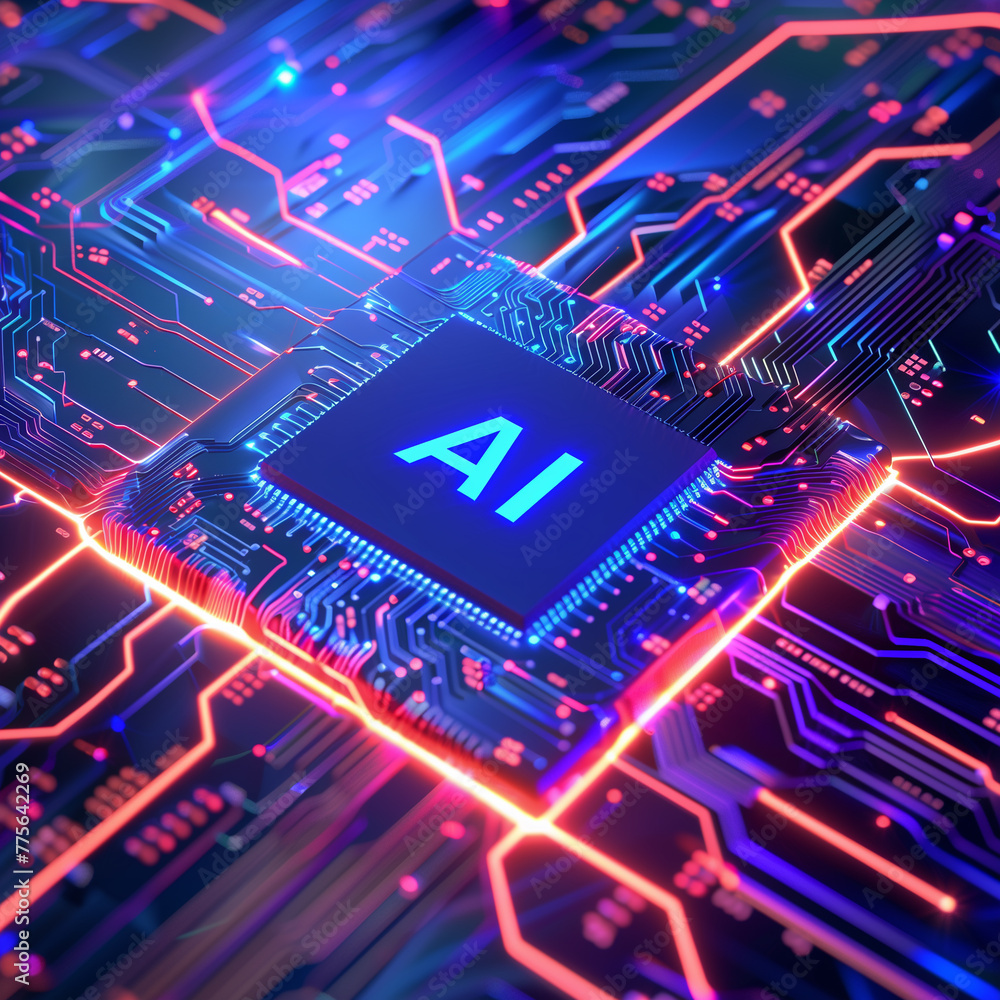Artificial Intelligence AI chip processor in center of colorful light ...