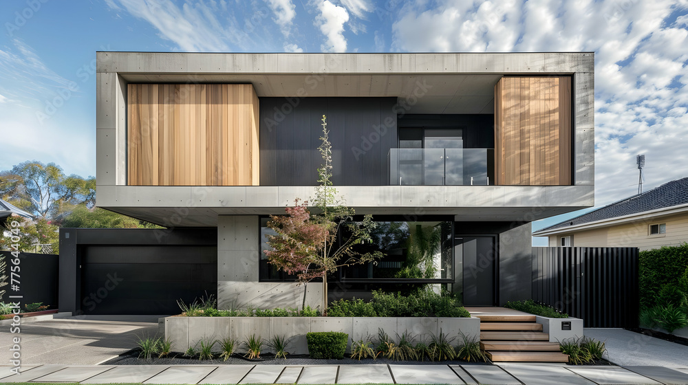 With a front yard landscape design and concrete walls and timber ...