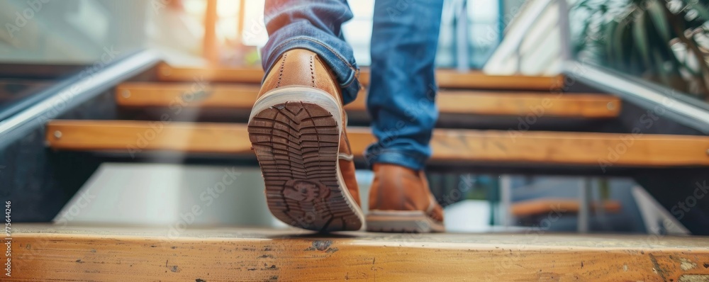 Person stepping upwards on staircase in a contemporary building ...