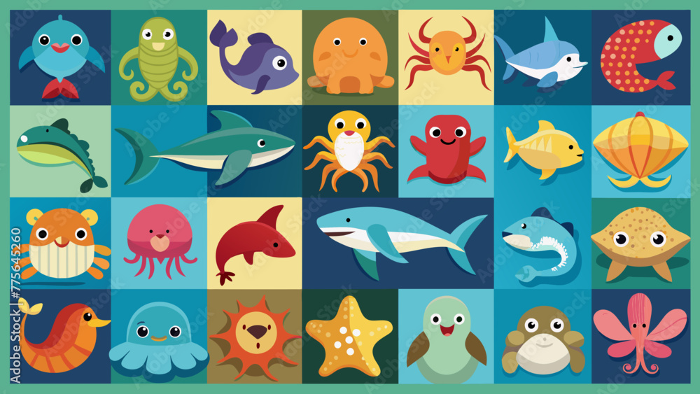 Set Of Colorful Sea Animals Icons, Vibrant Sea Creatures Set Stock ...