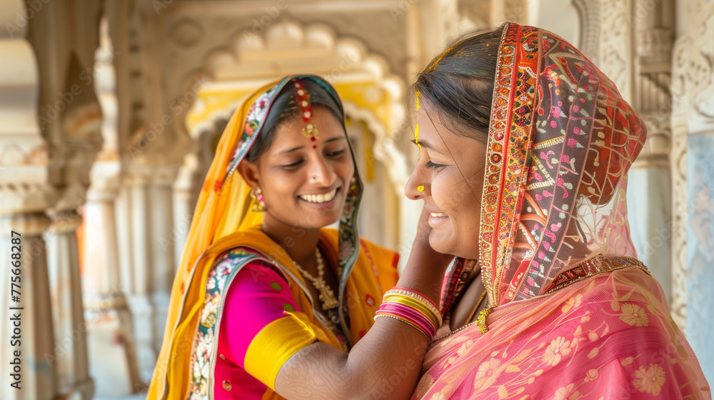 Affectionate indian woman adjusting the bindi of a smiling young girl ...