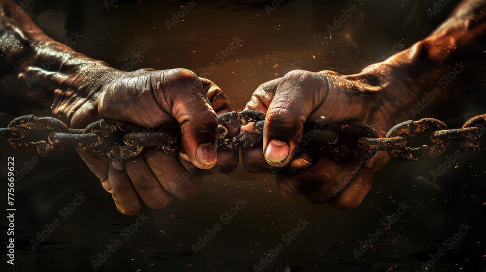 Breaking free concept with pair of hands breaking up a chain link ...