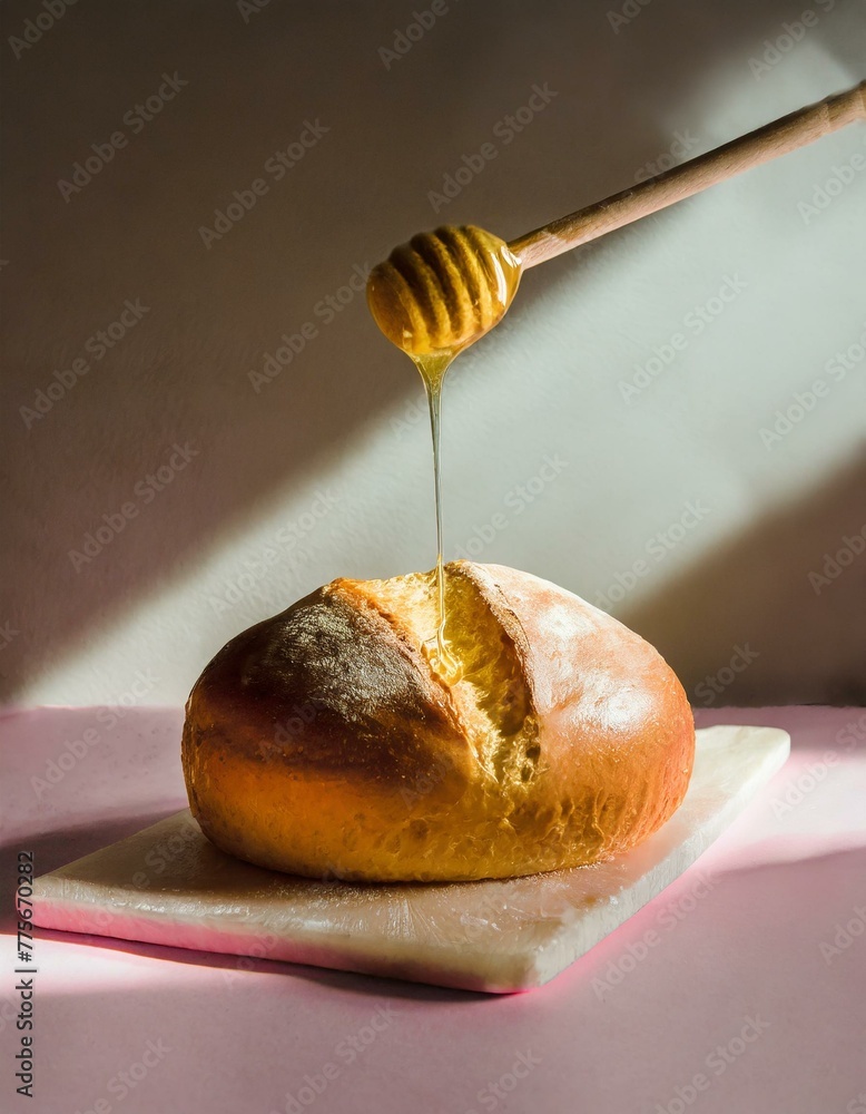A bakery scene where a freshly baked loaf of bread is being glazed with ...