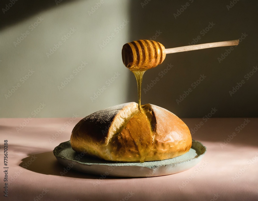A bakery scene where a freshly baked loaf of bread is being glazed with ...