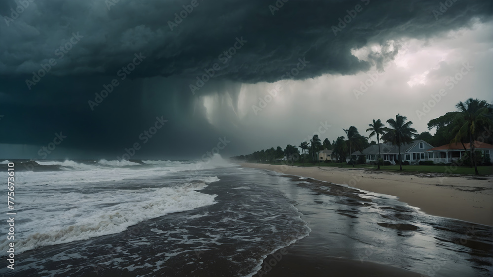 A coastline engulfed by storm surges and heavy rainfall as a hurricane ...