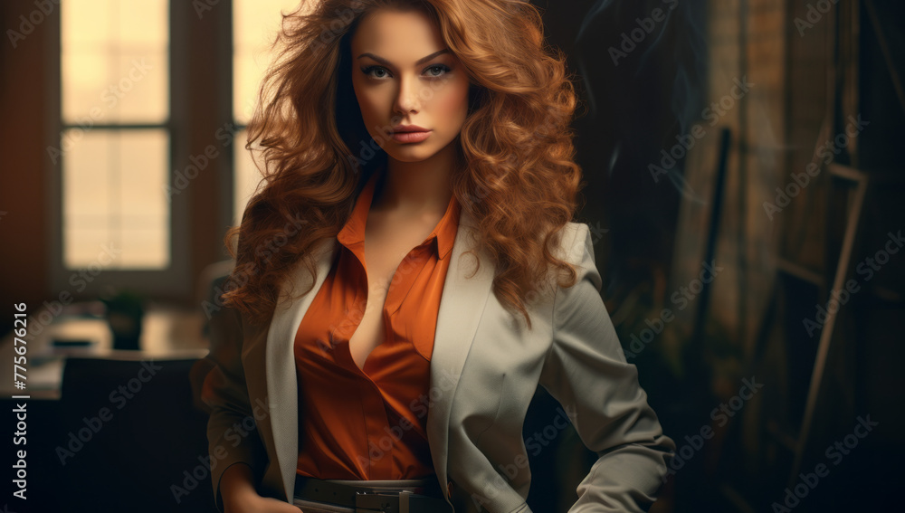 Young attractive business woman in office room dressed in a smart ...