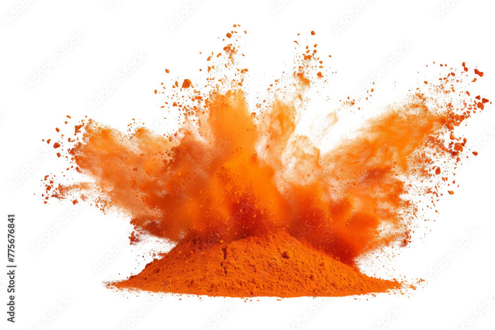 Orange color powder explosion splash with freeze isolated on background ...