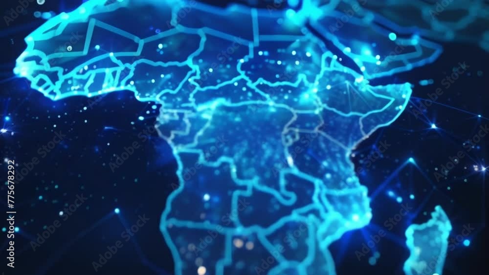 A glowing map of Africa is displayed on a dark background, showcasing ...