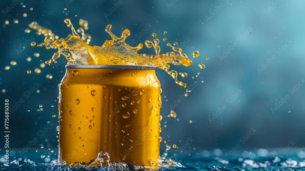 A can of soda is sitting in a pool of water, with the water splashing ...