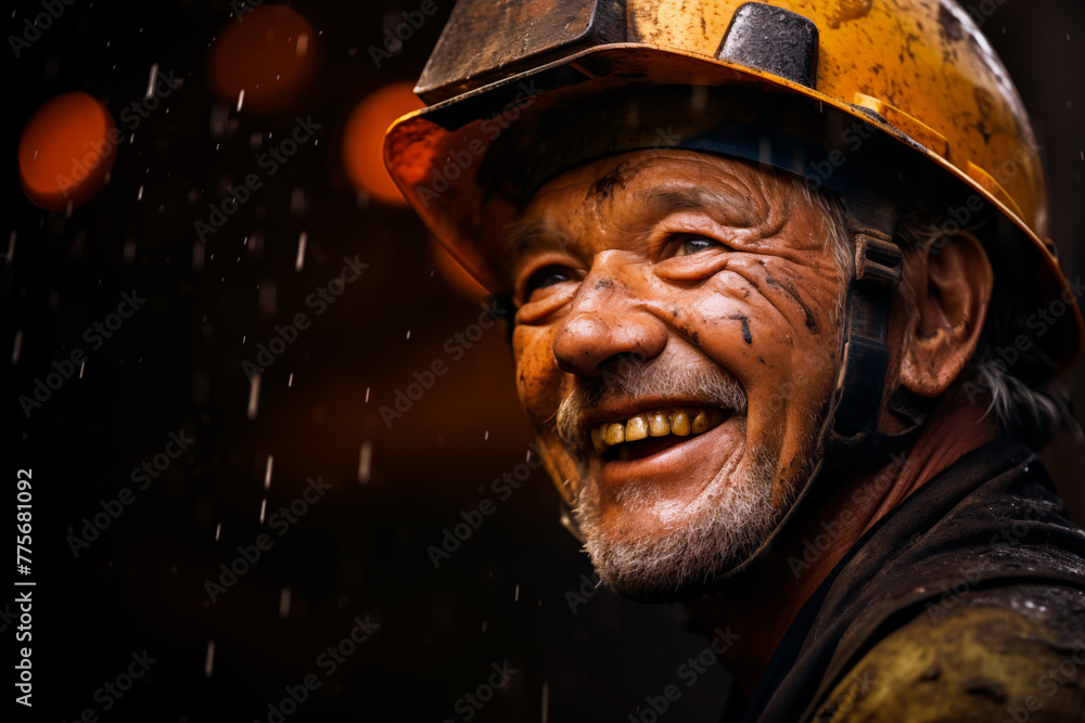 Resilient Coal Miner at Work. A smiling coal miner wearing a dirty helmet with a headlamp. His ...