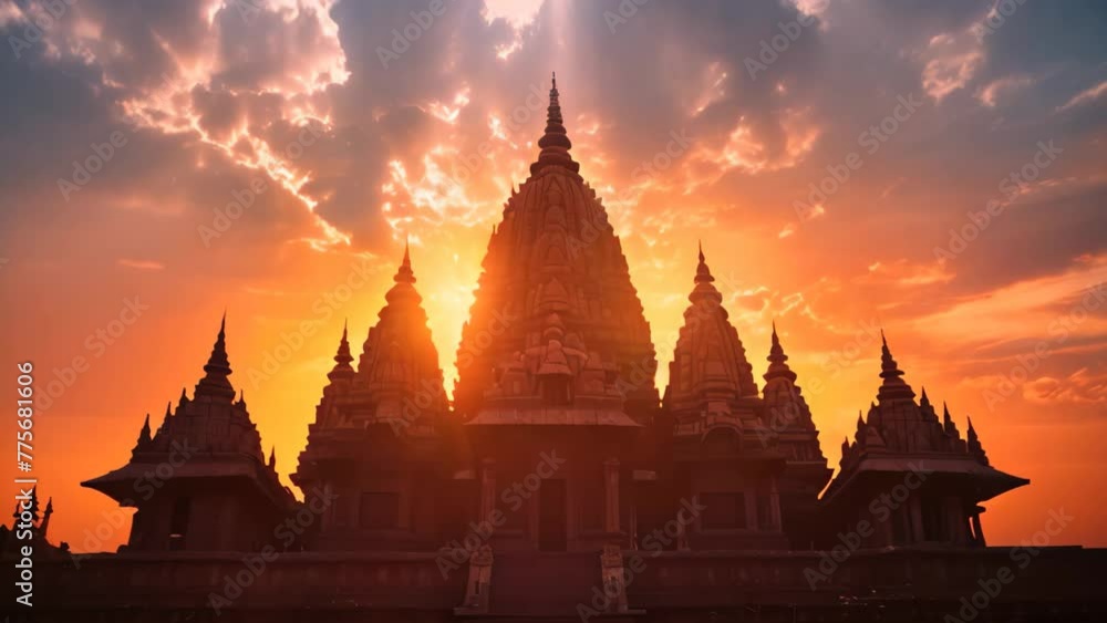 Sun Setting Over Temple in India, Captivating View of Nature and ...