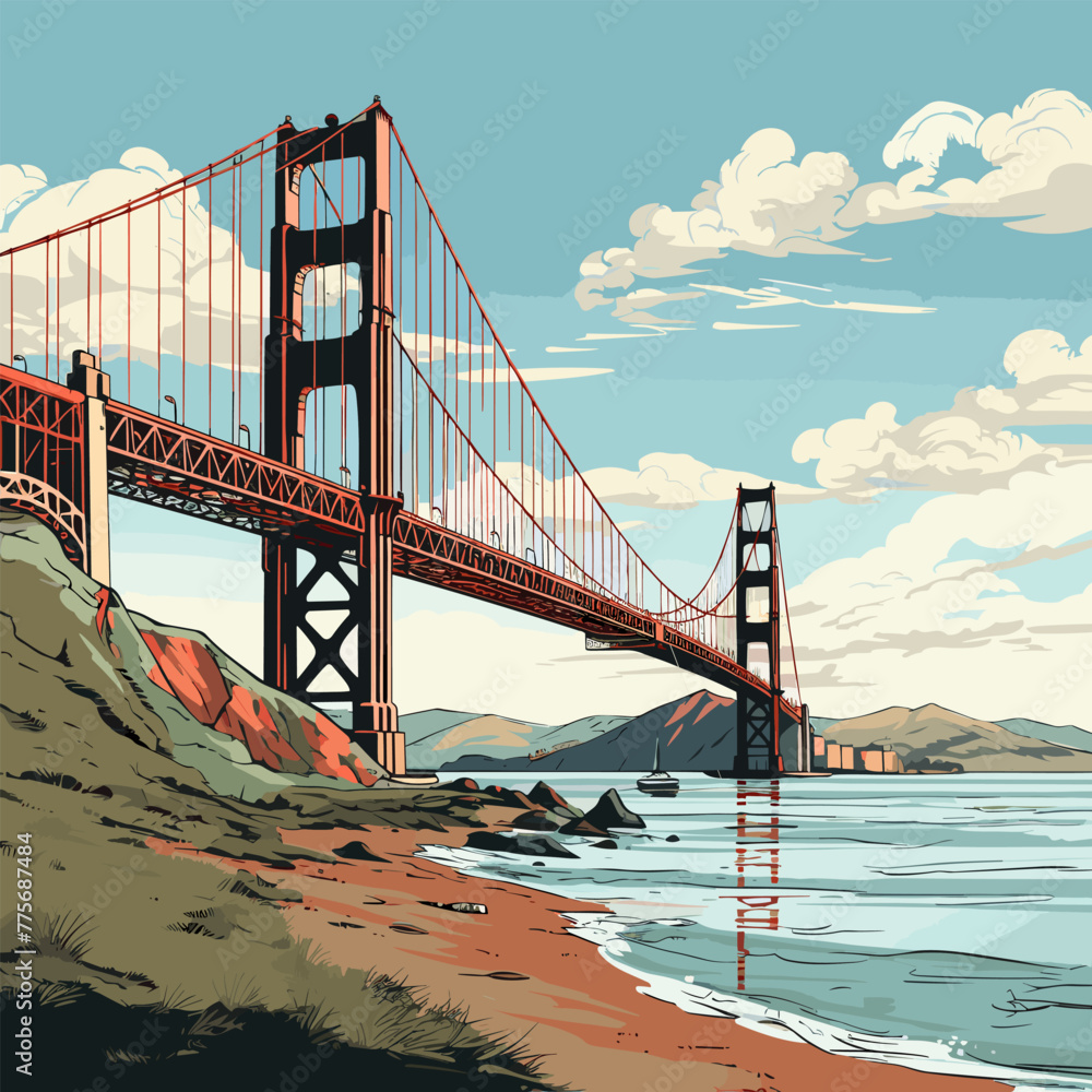 Golden Gate Bridge. Golden Gate Bridge hand-drawn comic illustration ...