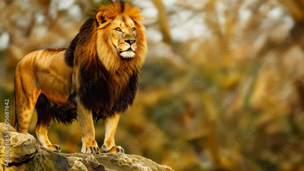 A majestic male lion stands regally atop a grand, rocky outcrop. The ...