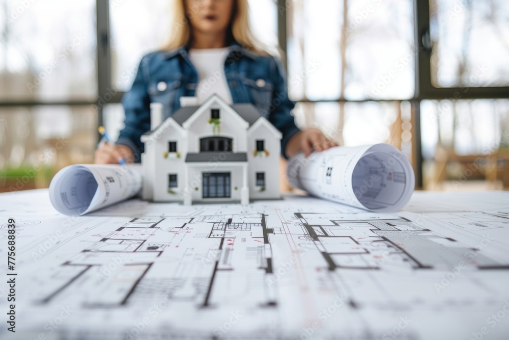 Female architect working on detailed house plans for a modern ...