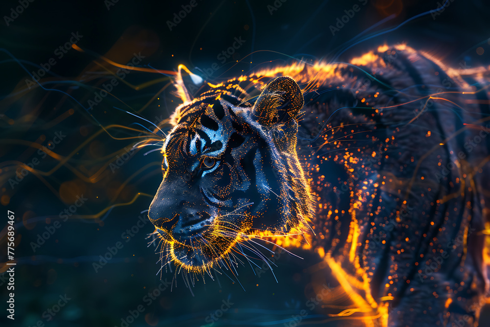 Majestic tiger illustration showcasing intricate digital wireframe ...
