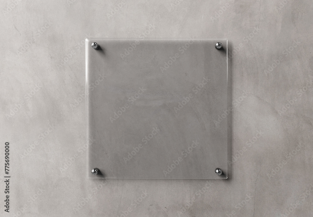 Transparent glass sign plate on white wall Mockup. Business plate 3D ...