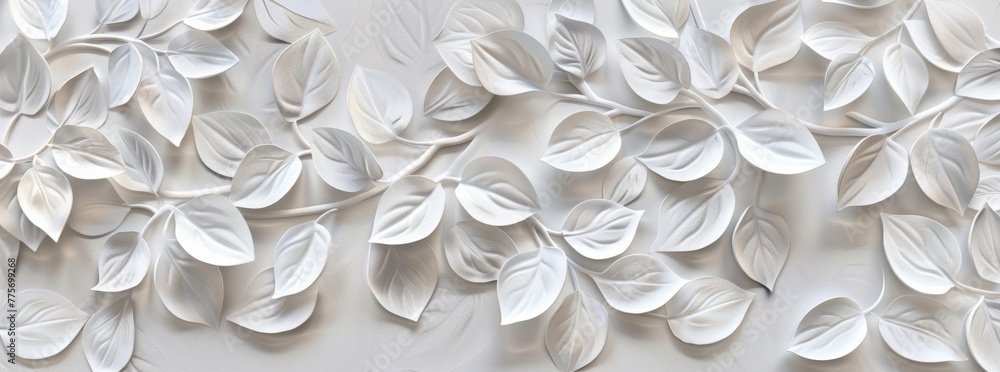 3D wallpaper white leaves texture background. White nature wall art ...