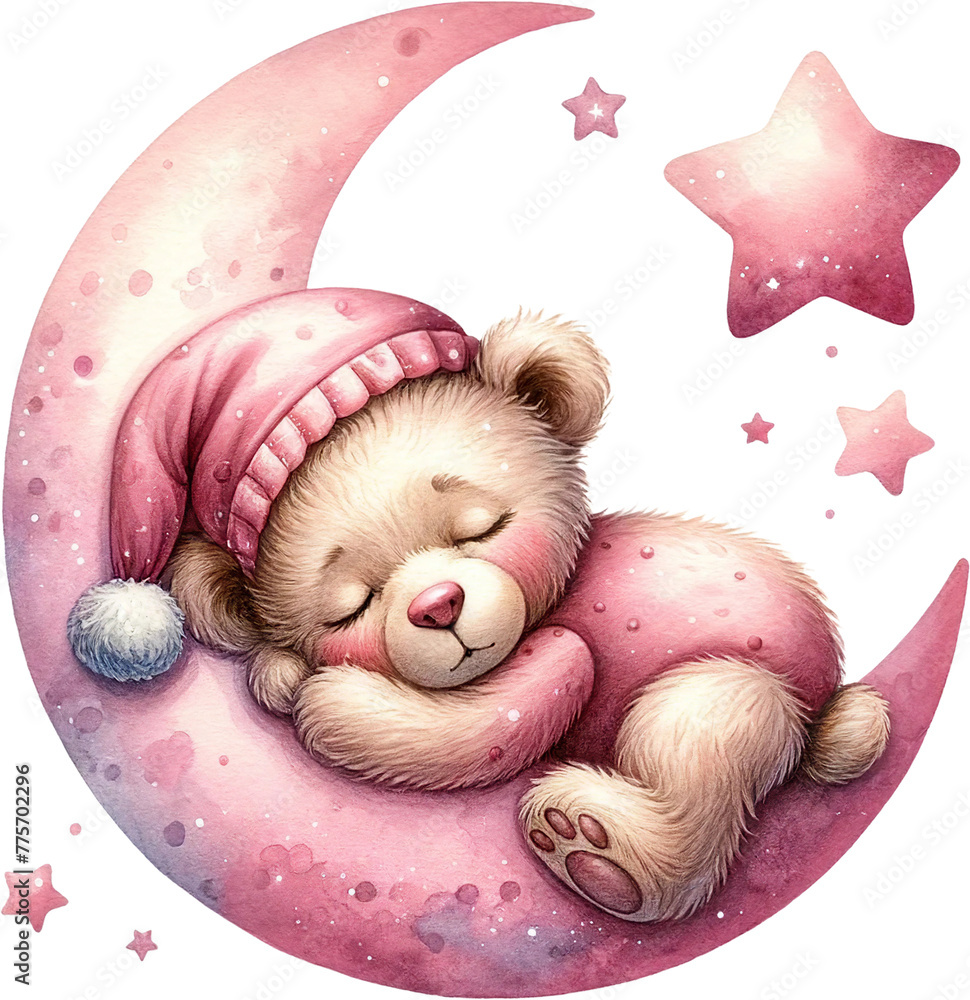 Teddy Bear Sleeping on Moon Watercolor Clipart Isolated Stock ...