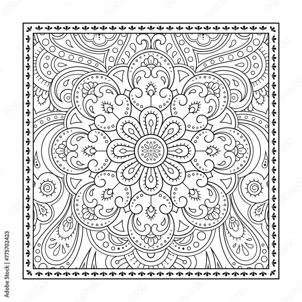 Outline square flower pattern in mehndi style for coloring book page ...
