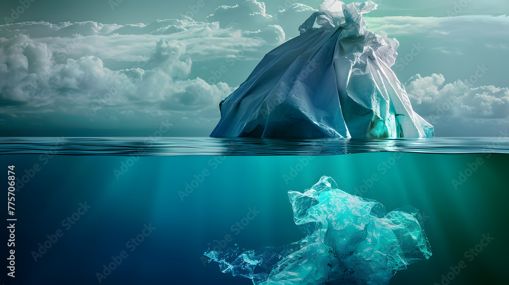 Plastic bag iceberg floating in the ocean and global warming concept ...