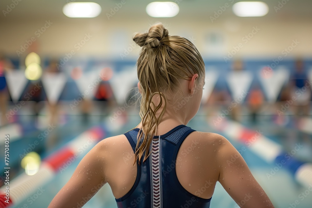 Back view of a female athlete getting ready for a swimming race. A high ...