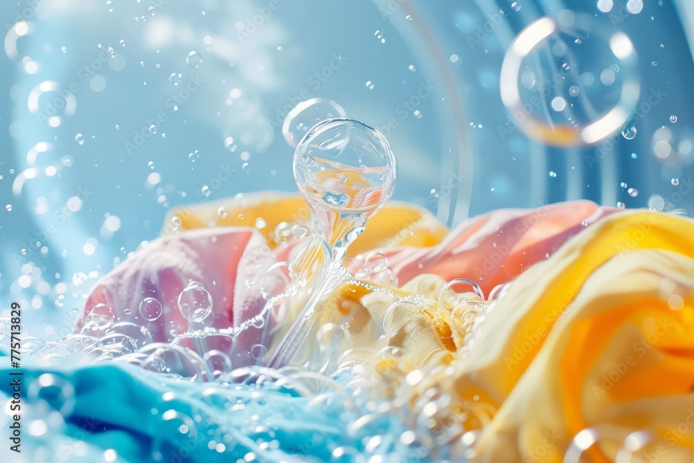 Washing machine with floating clothes with bubbles and water splashing ...