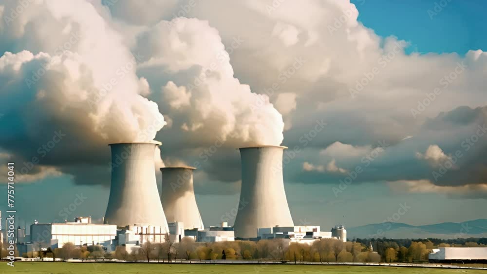 Aerial footage of nuclear power plant or nuclear power station a ...