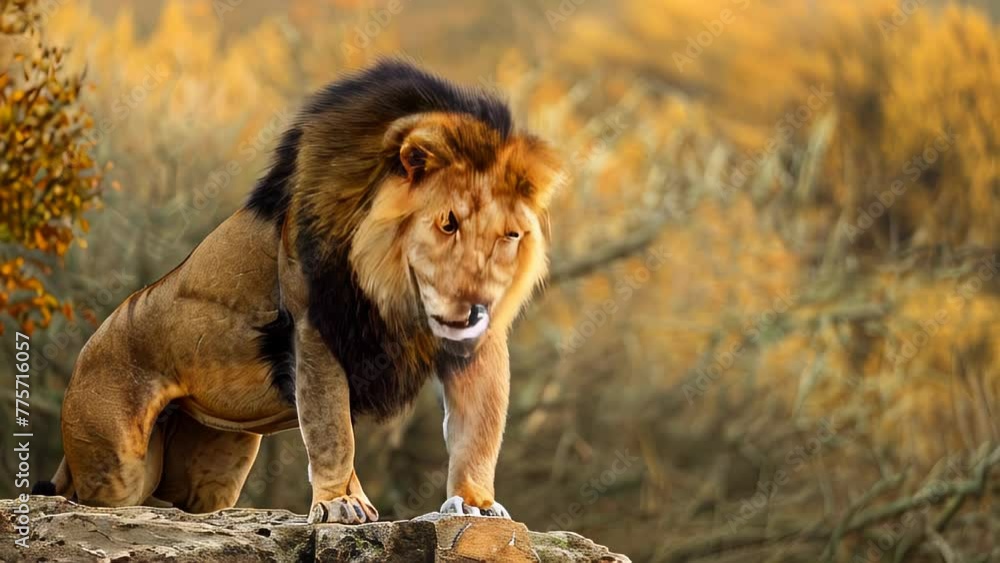 Vidéo Stock A majestic male lion stands regally atop a grand, rocky ...