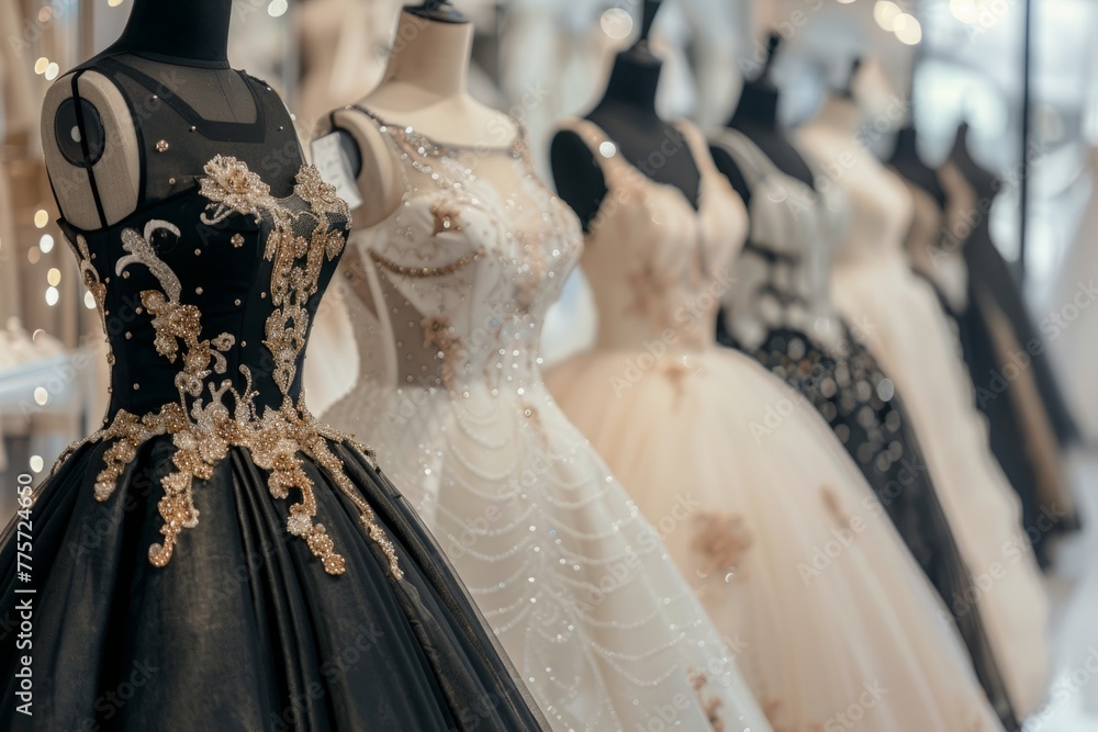 Black and white bridal dresses on display in a luxury wedding dress ...
