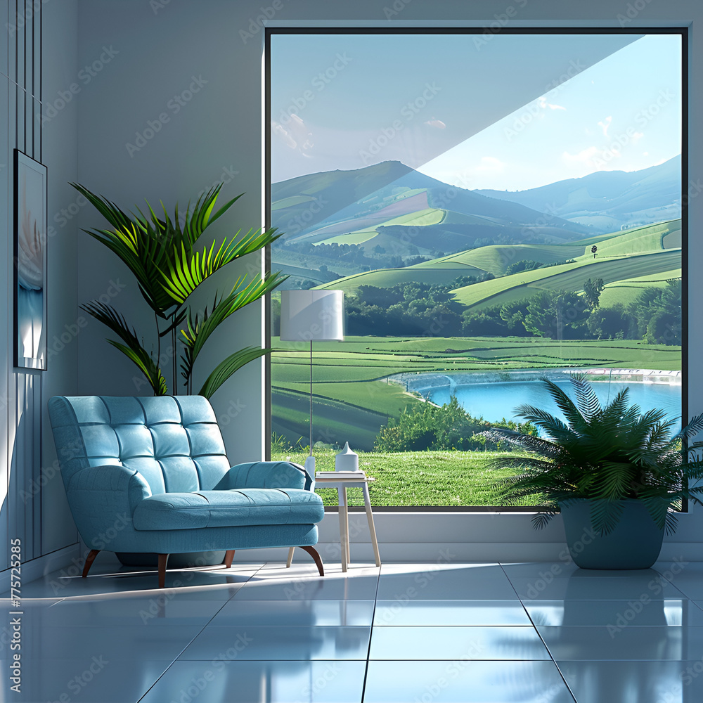 A modern living room interior with a large window overlooking a ...