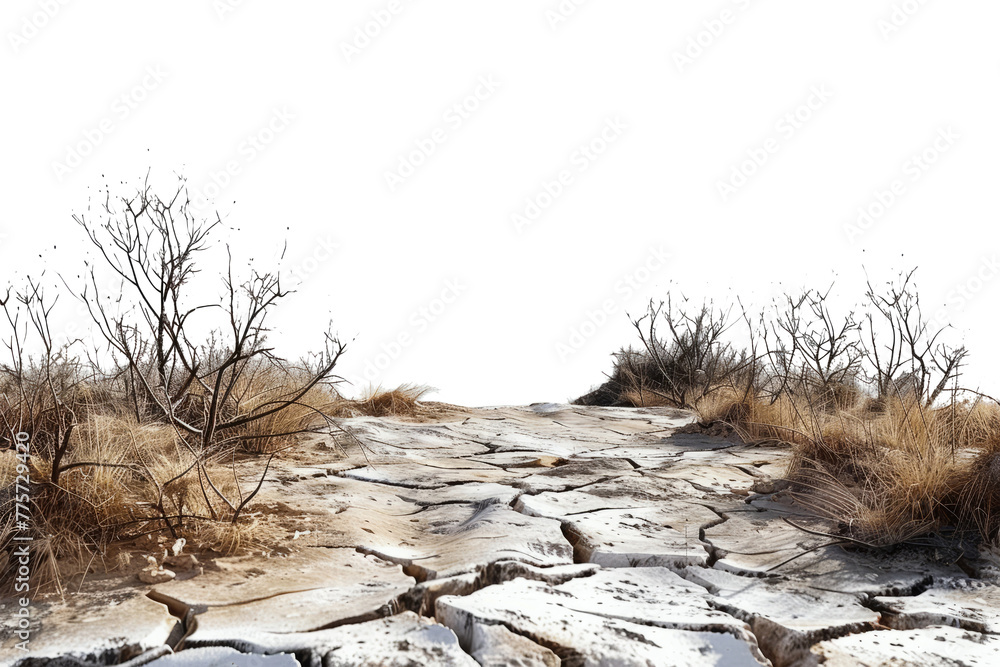 Dry and cracked soil in barren desert landscape isolated on transparent ...