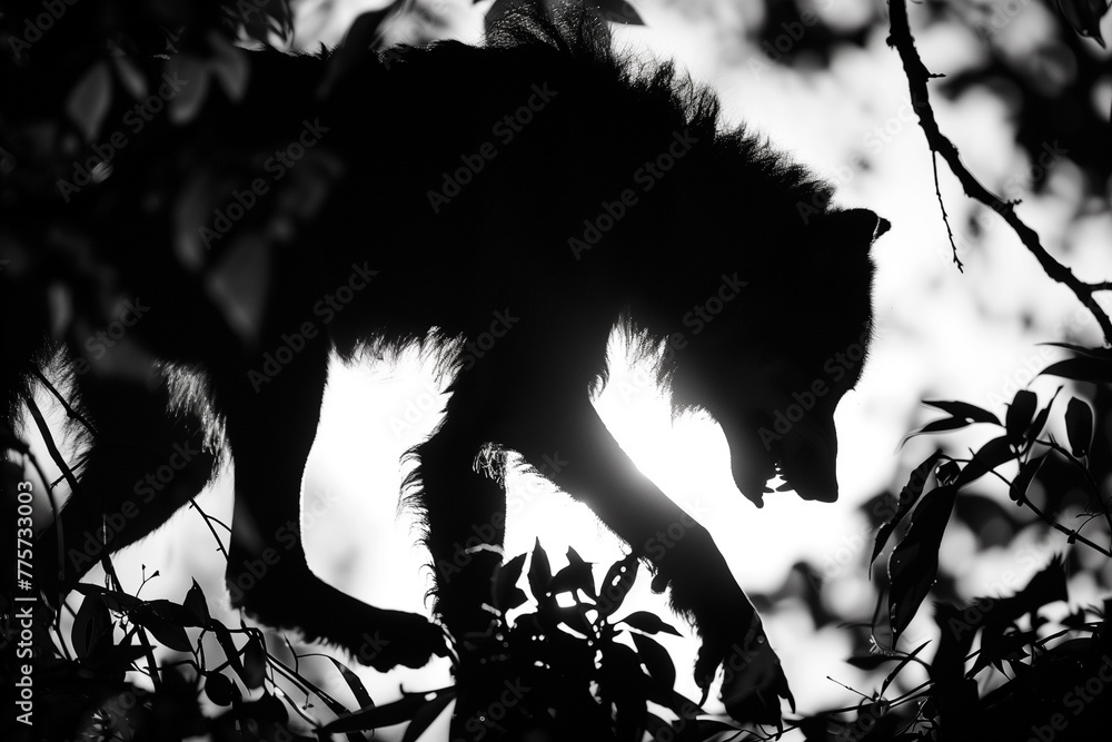 Werewolf silhouette in the dark woods at twilight. Mythical Navajo skin ...
