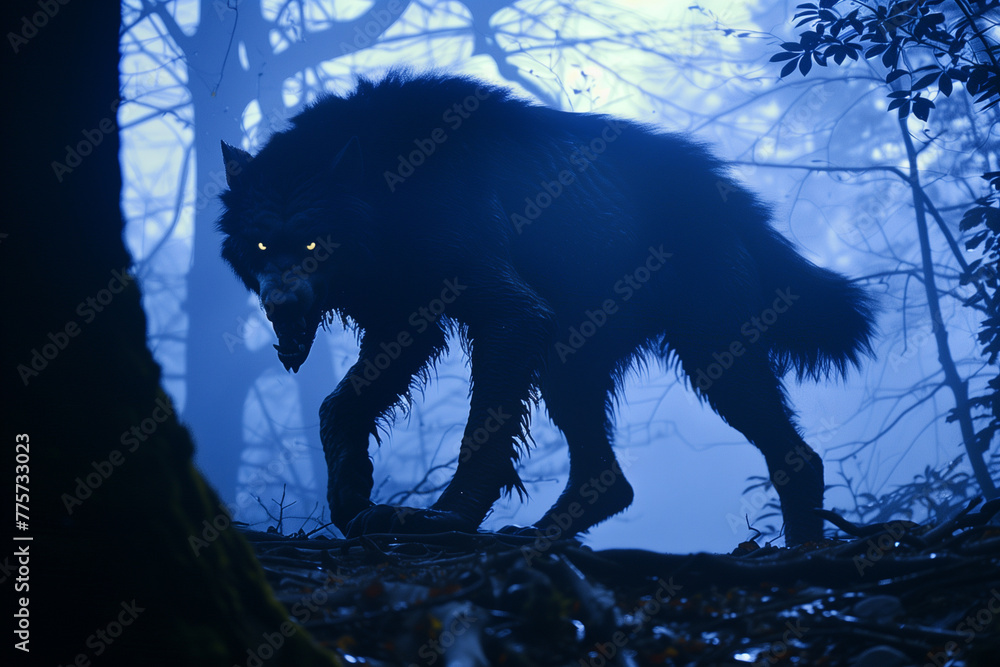 Werewolf silhouette in the dark woods at twilight. Mythical Navajo skin ...