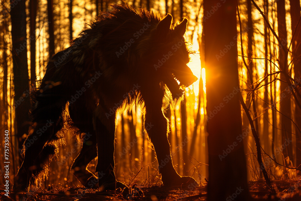 Werewolf silhouette in the dark woods at twilight. Mythical Navajo skin ...