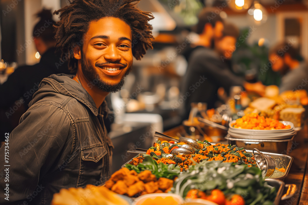 A man with dreadlocks is standing in front of a buffet line of food ...