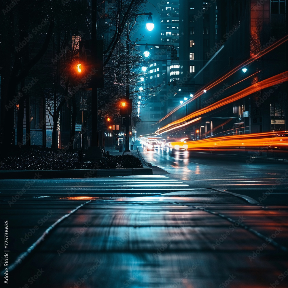Nighttime view of a lit-up city street, with headlights and ...