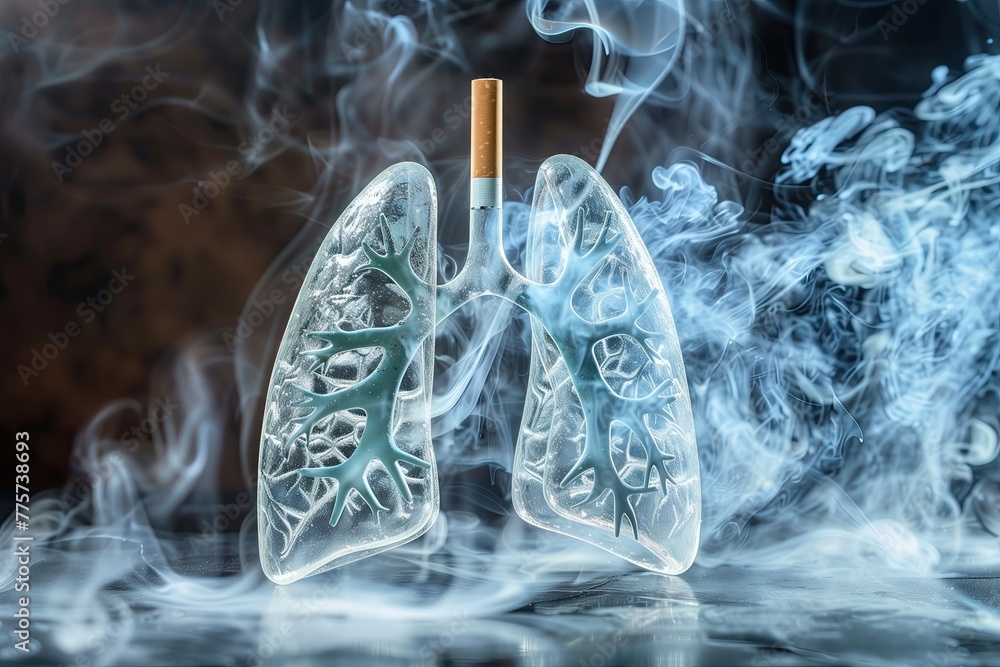 An illustration of human lungs made from cigarette smoke and cigarettes ...