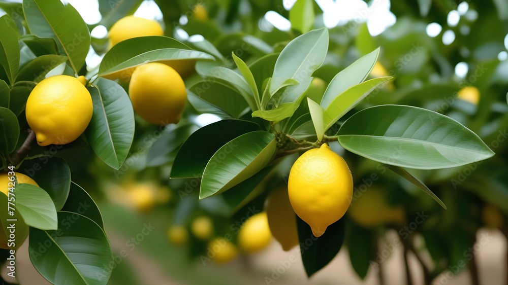 Yellow citrus lemon fruit and green leaves in garden. Citrus Limon ...