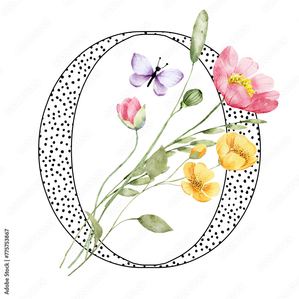 Letter O with watercolor flowers and leaf. Monogram initial, letterhead ...
