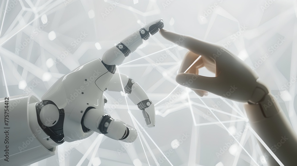 Human hand touches robotic arm against digital network background ...