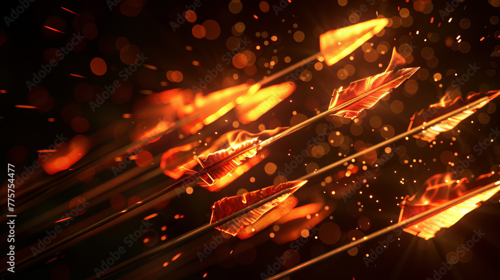 Flying arrows ablaze against a black background, depicted in isolation ...