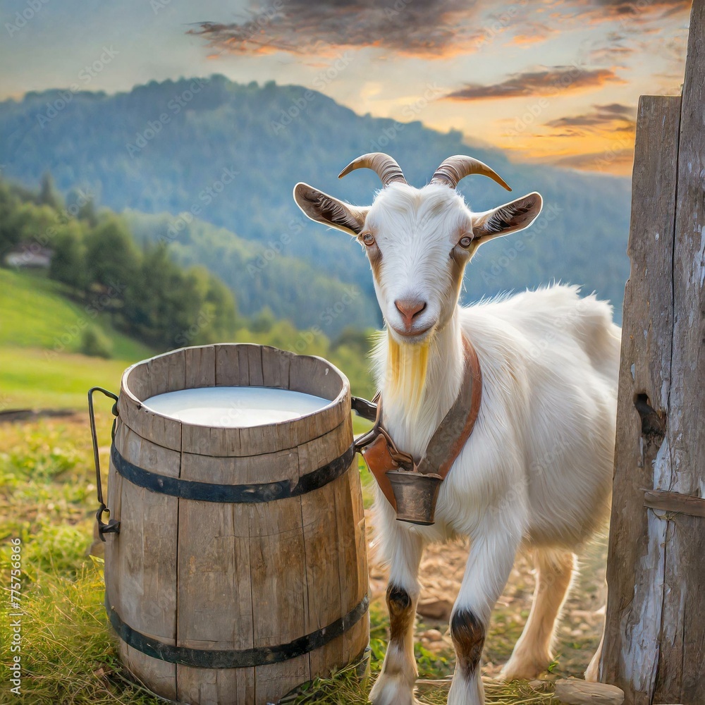 goat on the farm.the essence of goat milk, with a pastoral scene ...