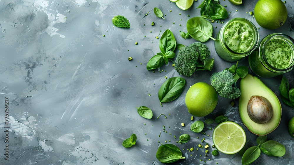 Fresh green fruits and vegetables laid out on a textured background ...