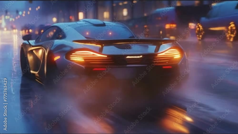 Futuristic super-fast speed electric sports cars in the rainy night ...
