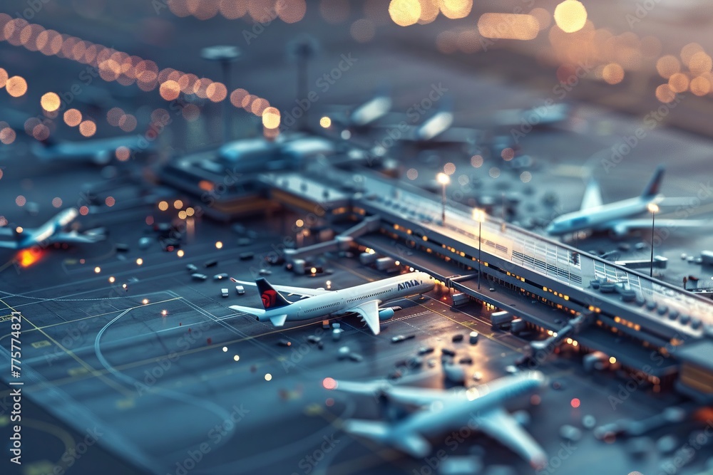 Miniature airport, detailed planes and runways, dusk lighting ...