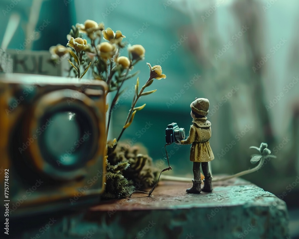 realistic portrait of a tiny, imaginative scene captured through a ...