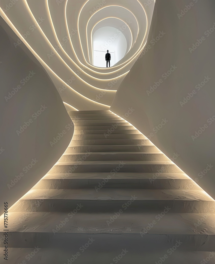 A person stands at the top of an endless staircase, illuminated from ...