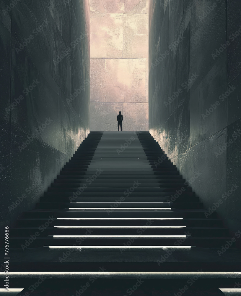A person stands at the top of an endless staircase, illuminated from ...